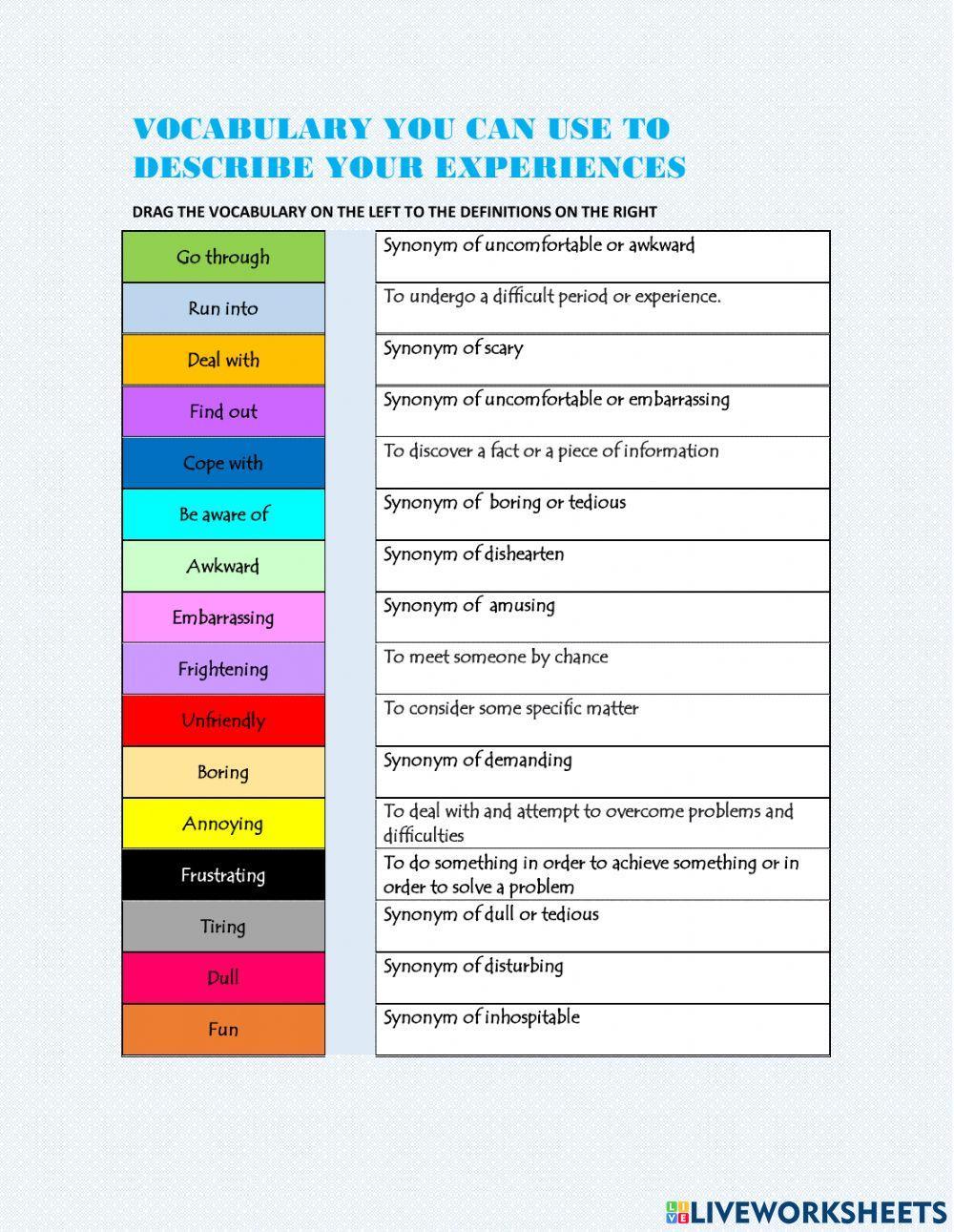 Experiences voc… | Free Interactive Worksheets | 1563533