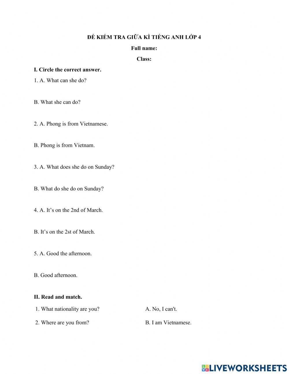 Mid-term test free online worksheet | Live Worksheets