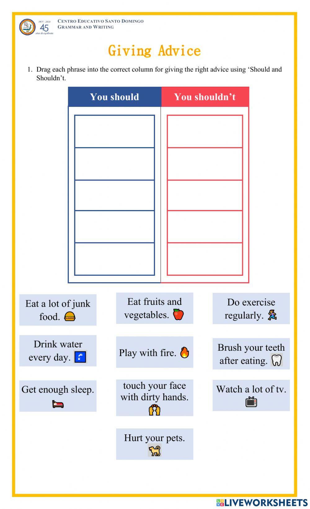 Giving Advice 1 online exercise for | Live Worksheets