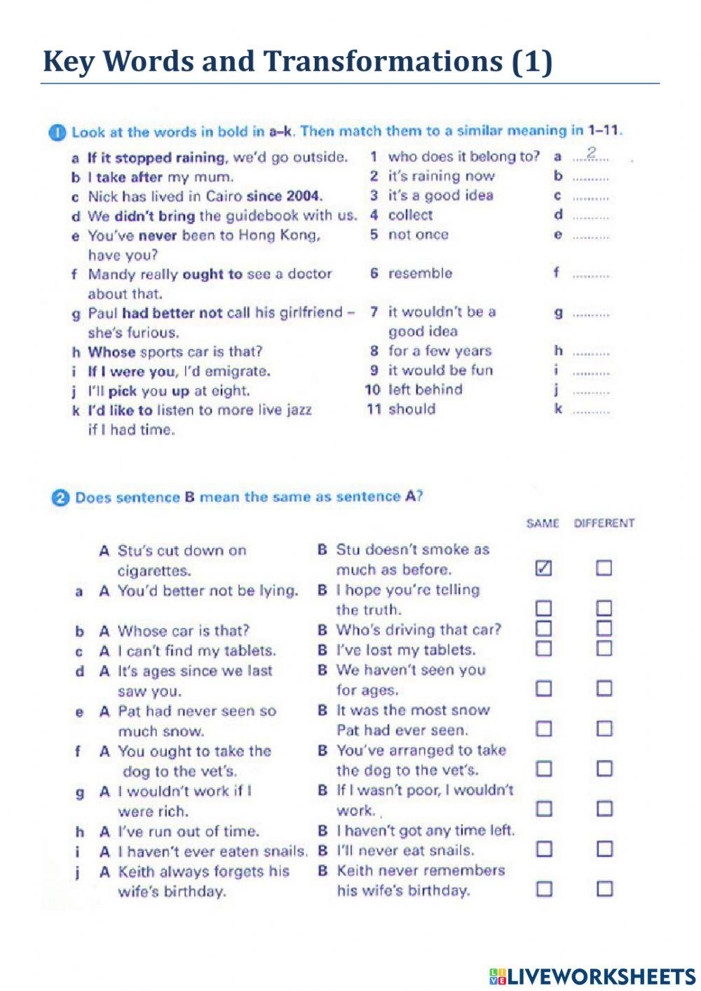 FCE (Use of English Activity 1) worksheet | Live Worksheets