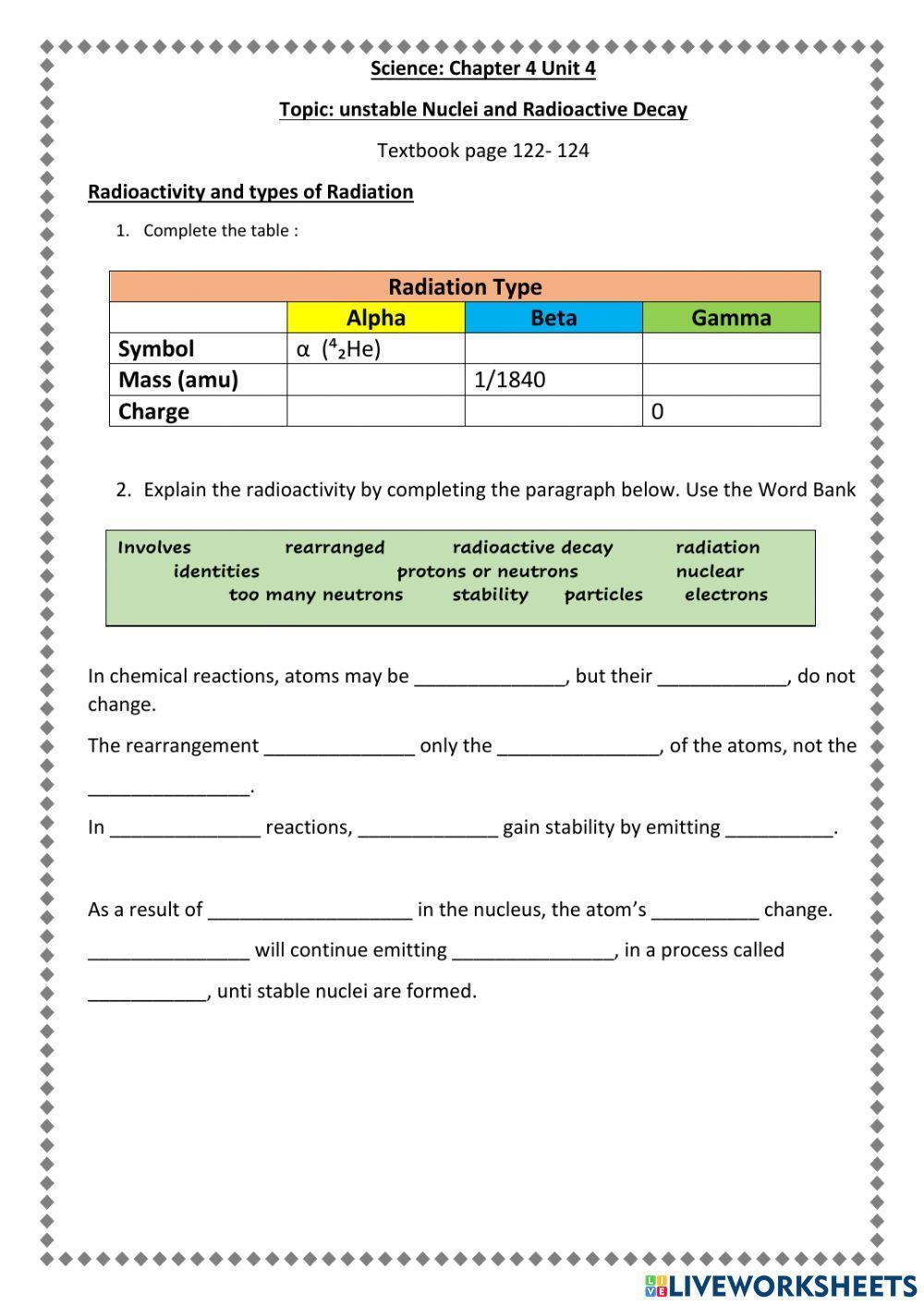 Unstable Nuclei and Radioactive Decay worksheet | Live Worksheets