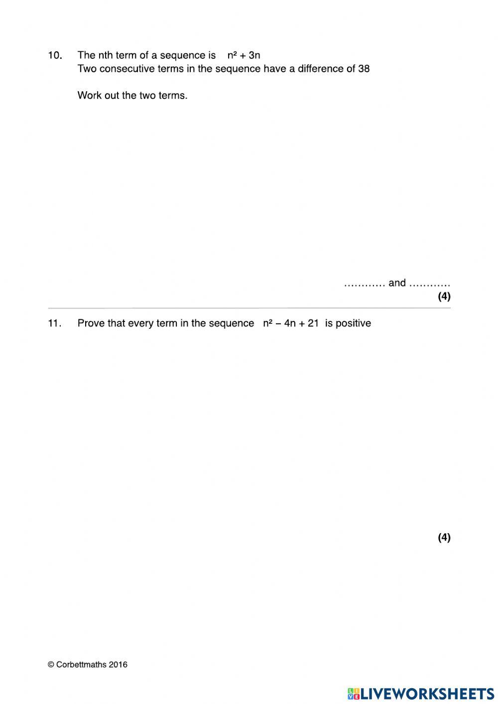 Quadratic Sequences Worksheet Live Worksheets