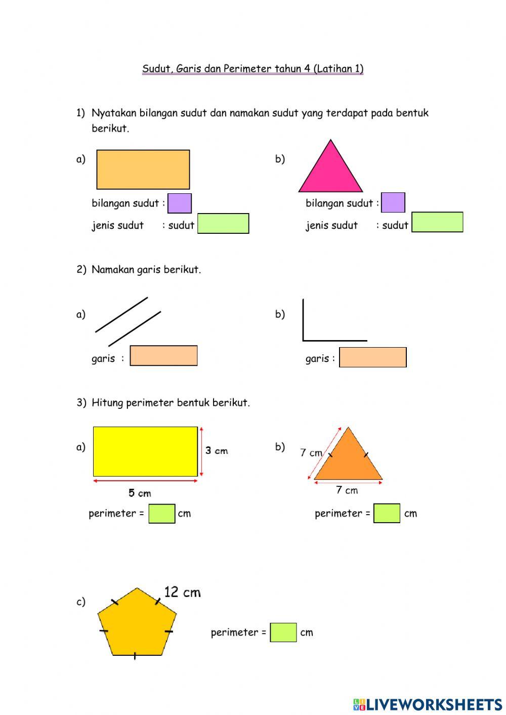 Sudut, garis dan perimeter tahun 4 worksheet | Live Worksheets