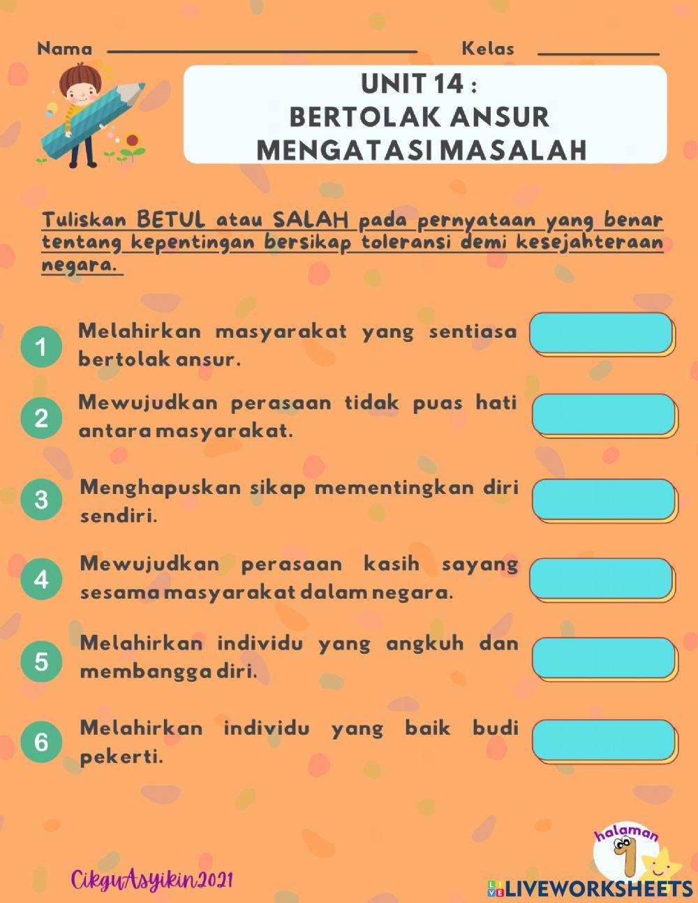 Unit 14 Kepentingan toleransi worksheet | Live Worksheets