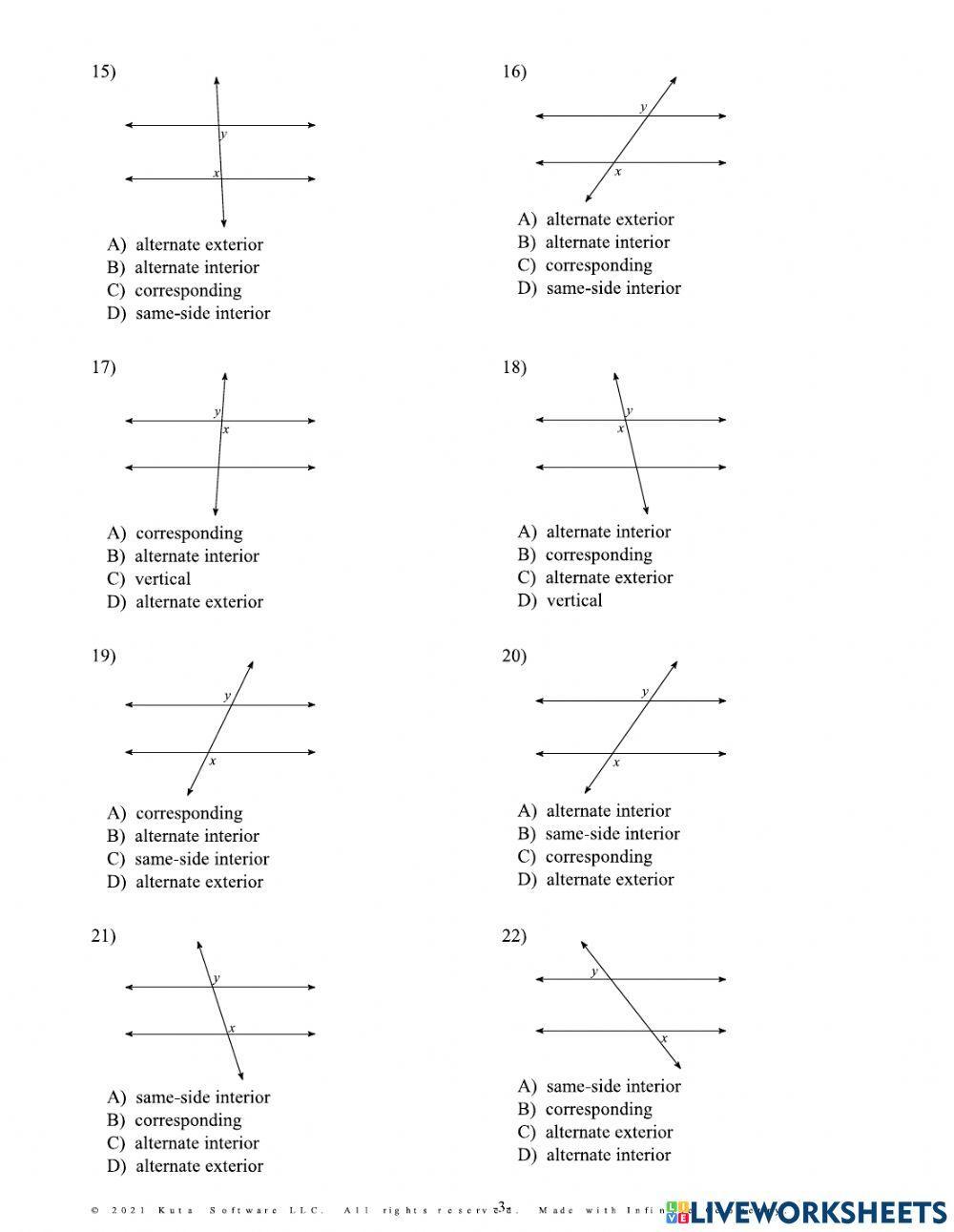 Identifying Angle Pairs on lines and transversal-22 online exercise for ...