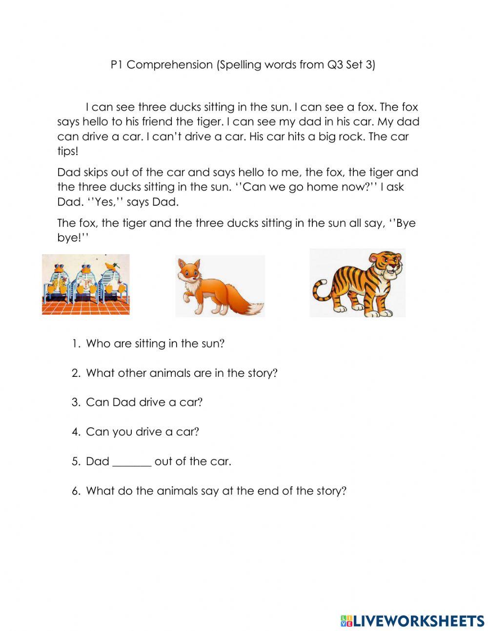 P1 Comprehension (Q3 Set 3 Spelling words) worksheet | Live Worksheets