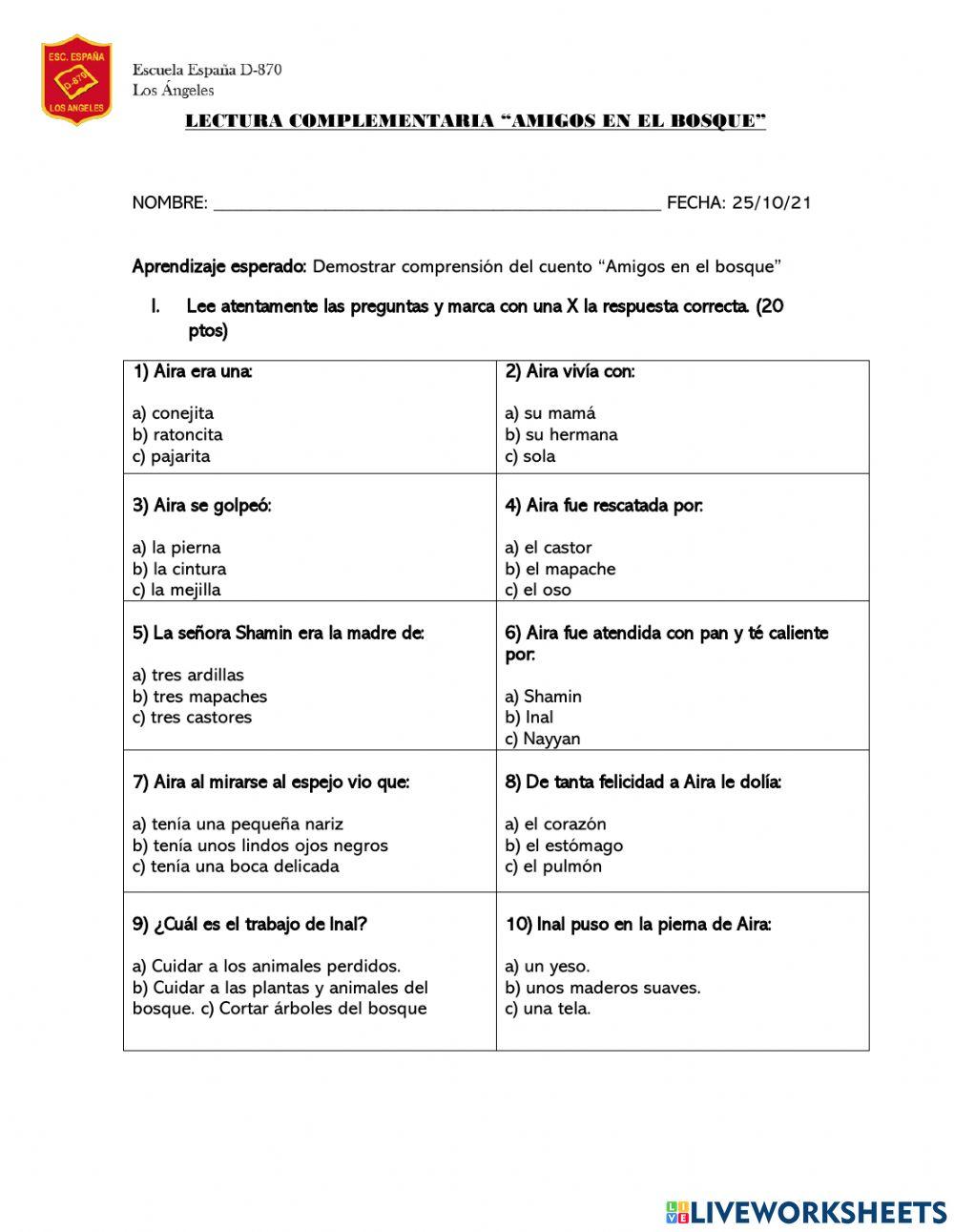 Guía de lectura complementaria worksheet | Live Worksheets