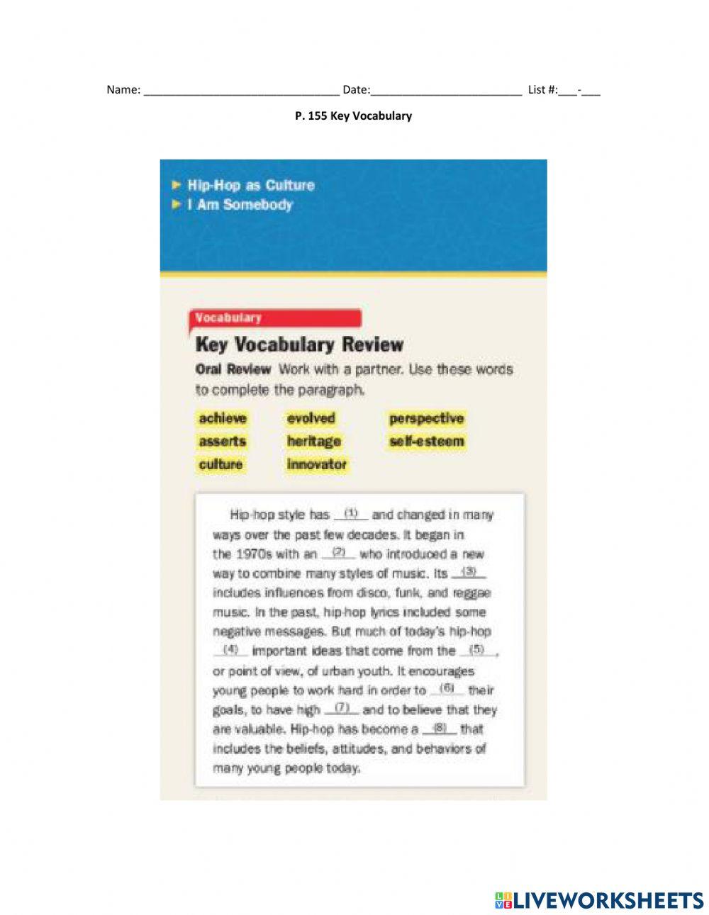8-I am somebody key vocab p.155 worksheet | Live Worksheets