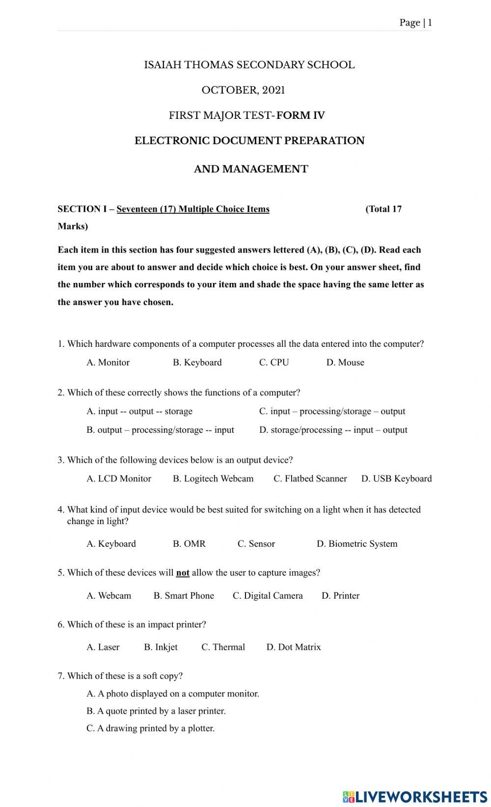 4th Form EDPM First Major Test-Fundamentals of Computers online ...