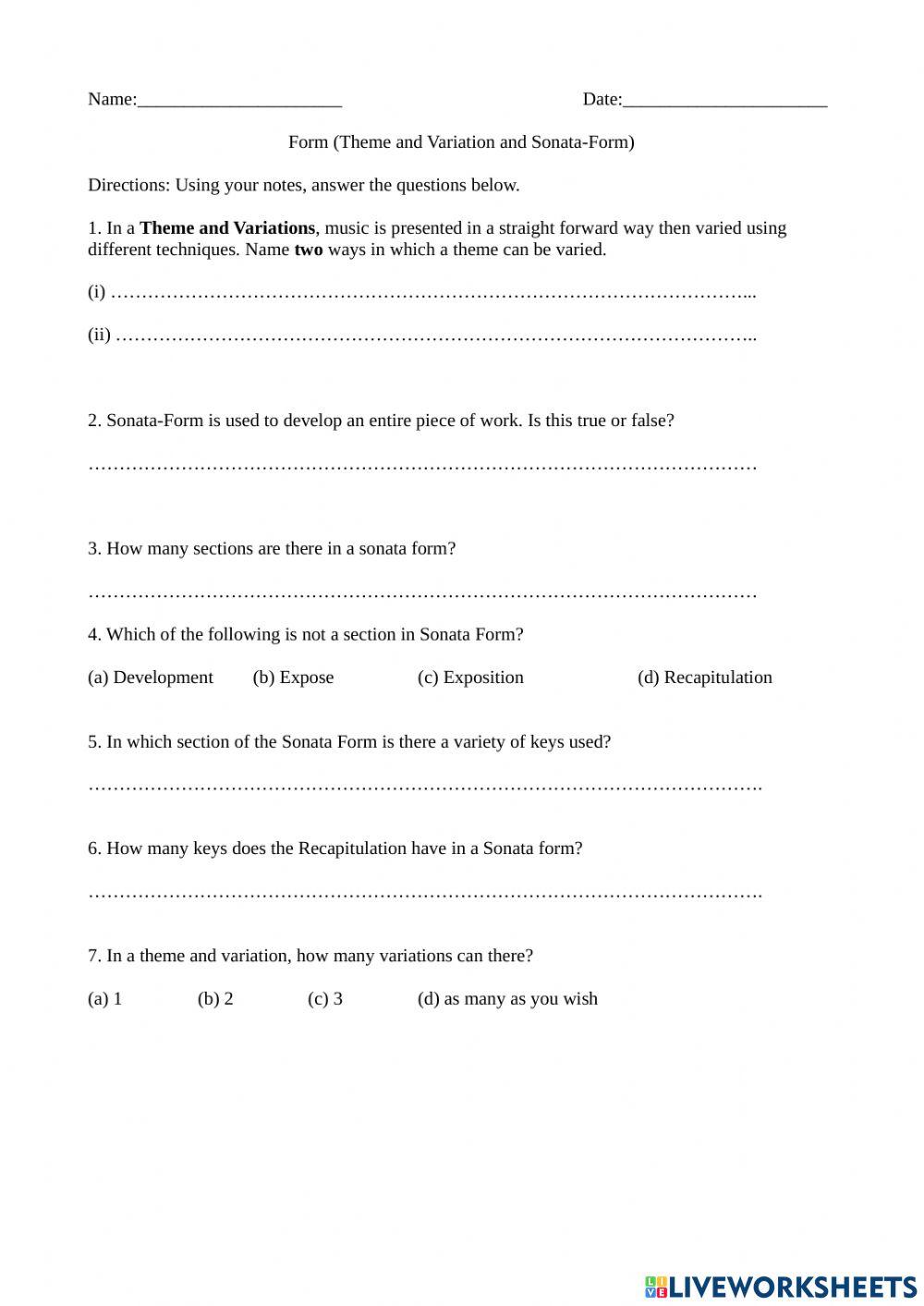 Form (Theme and Variations and Sonata) online exercise for | Live ...