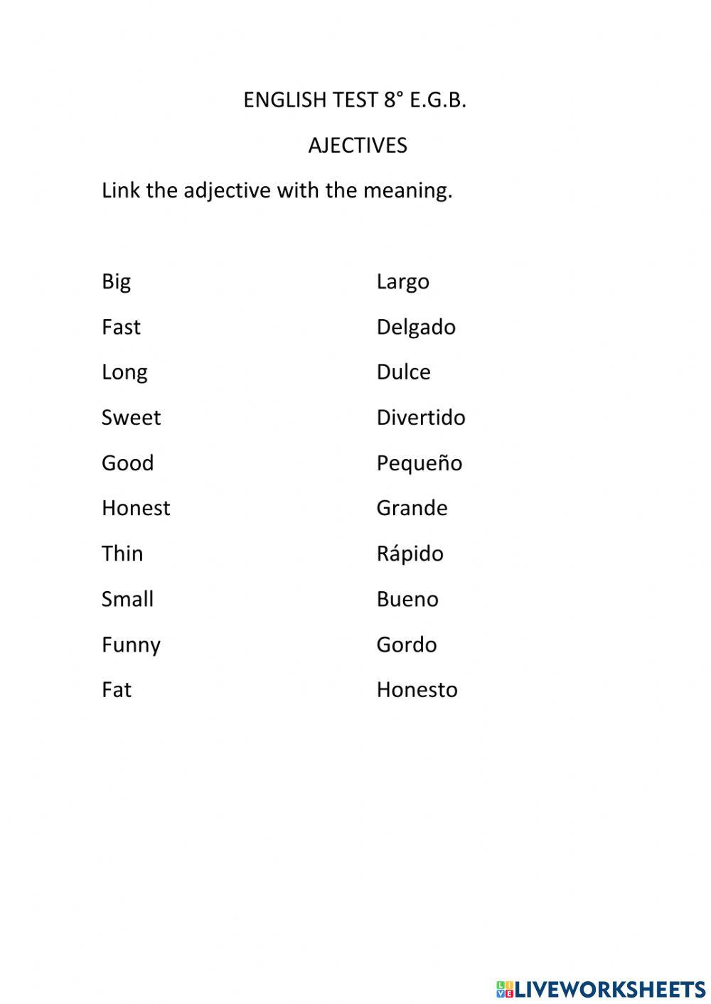 Adjectives online exercise for 8° EGB | Live Worksheets