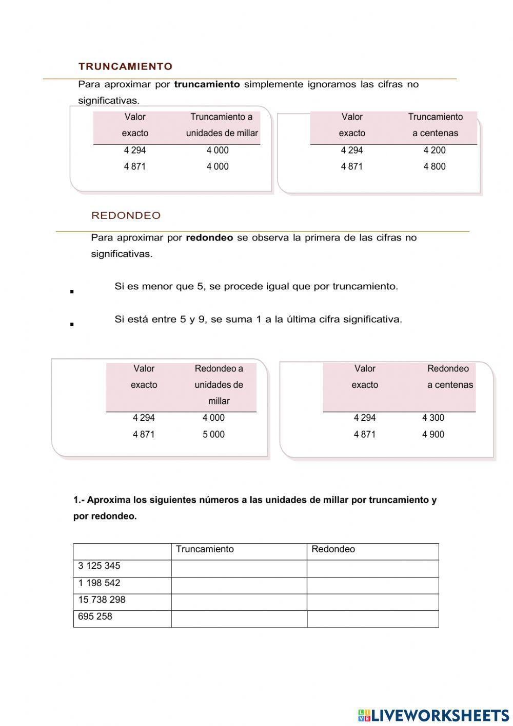 Truncamiento y … | Free Interactive Worksheets | 1567732