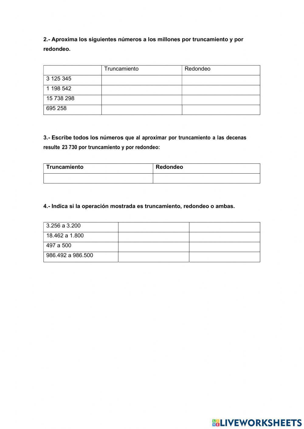 Truncamiento y … | Free Interactive Worksheets | 1567732