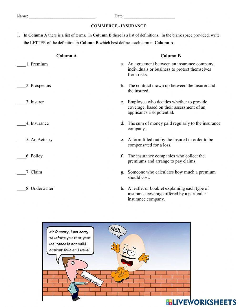 Insurance Terms | Free Interactive Worksheets | 1567847