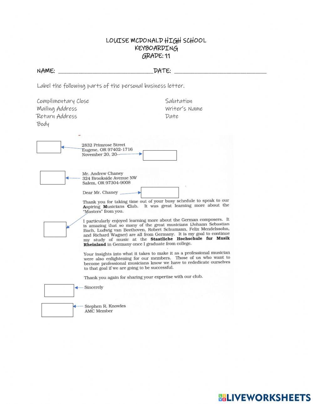 personal business letter online exercise for | Live Worksheets