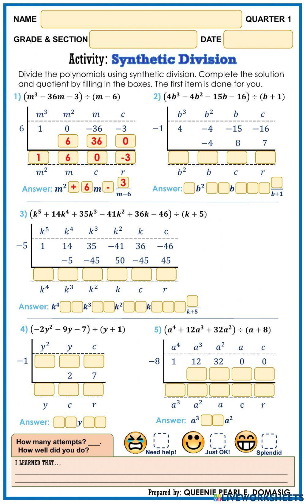Synthetic Divis… | Free Interactive Worksheets | 1568498