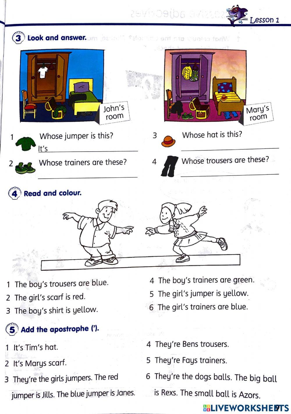 English Year 3 Whose...? It's -They're ...'s? Ex 3,4,5 worksheet | Live ...