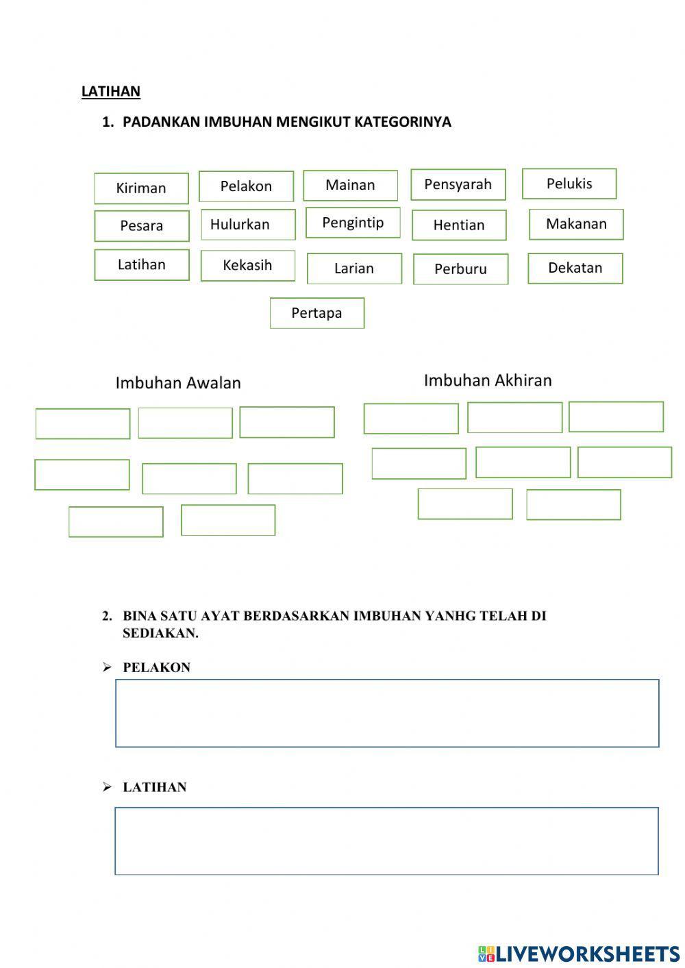 Imbuhan awalan dan akhiran bagi kata nama worksheet | Live Worksheets