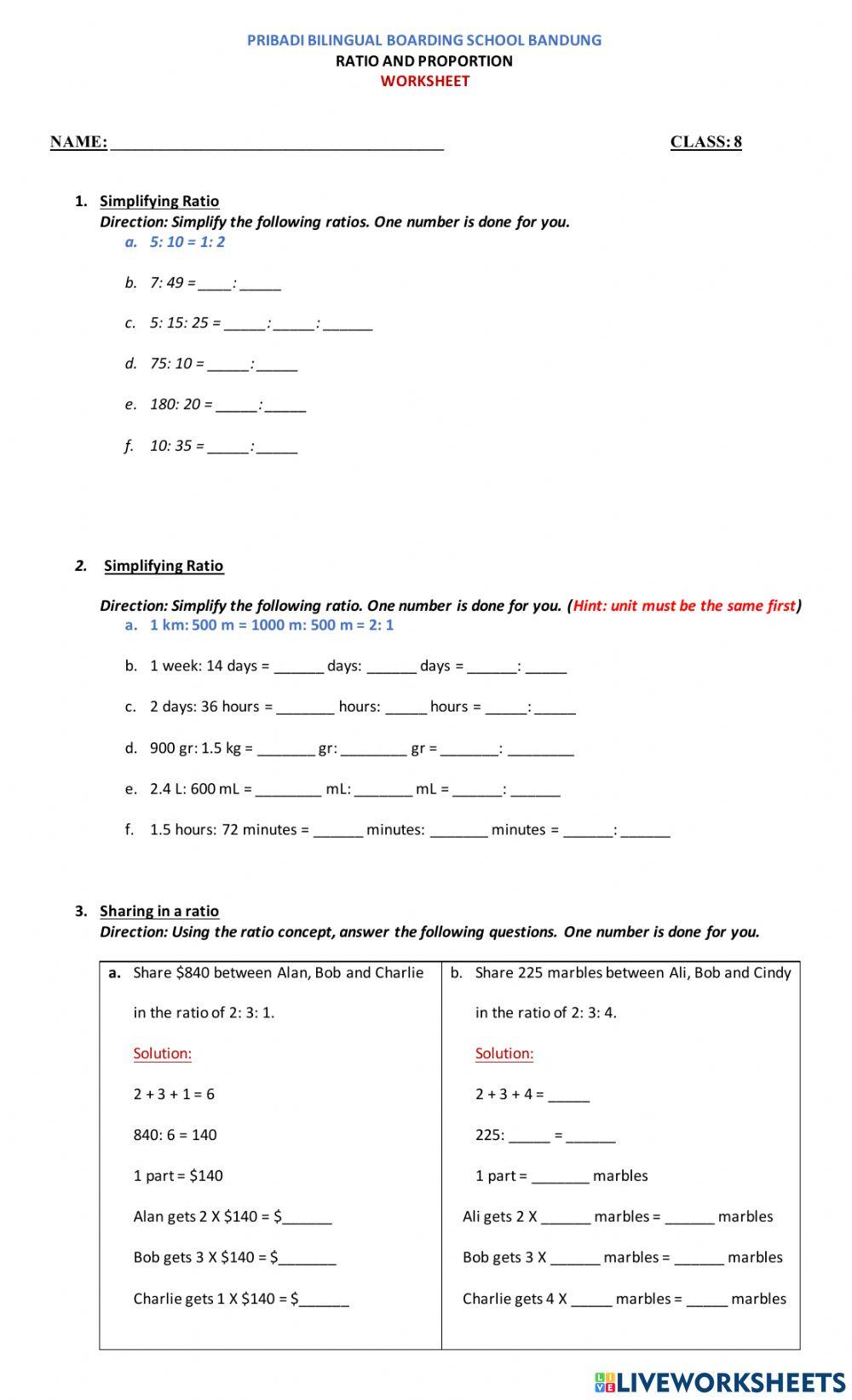 Ratio and Proportion online exercise for | Live Worksheets