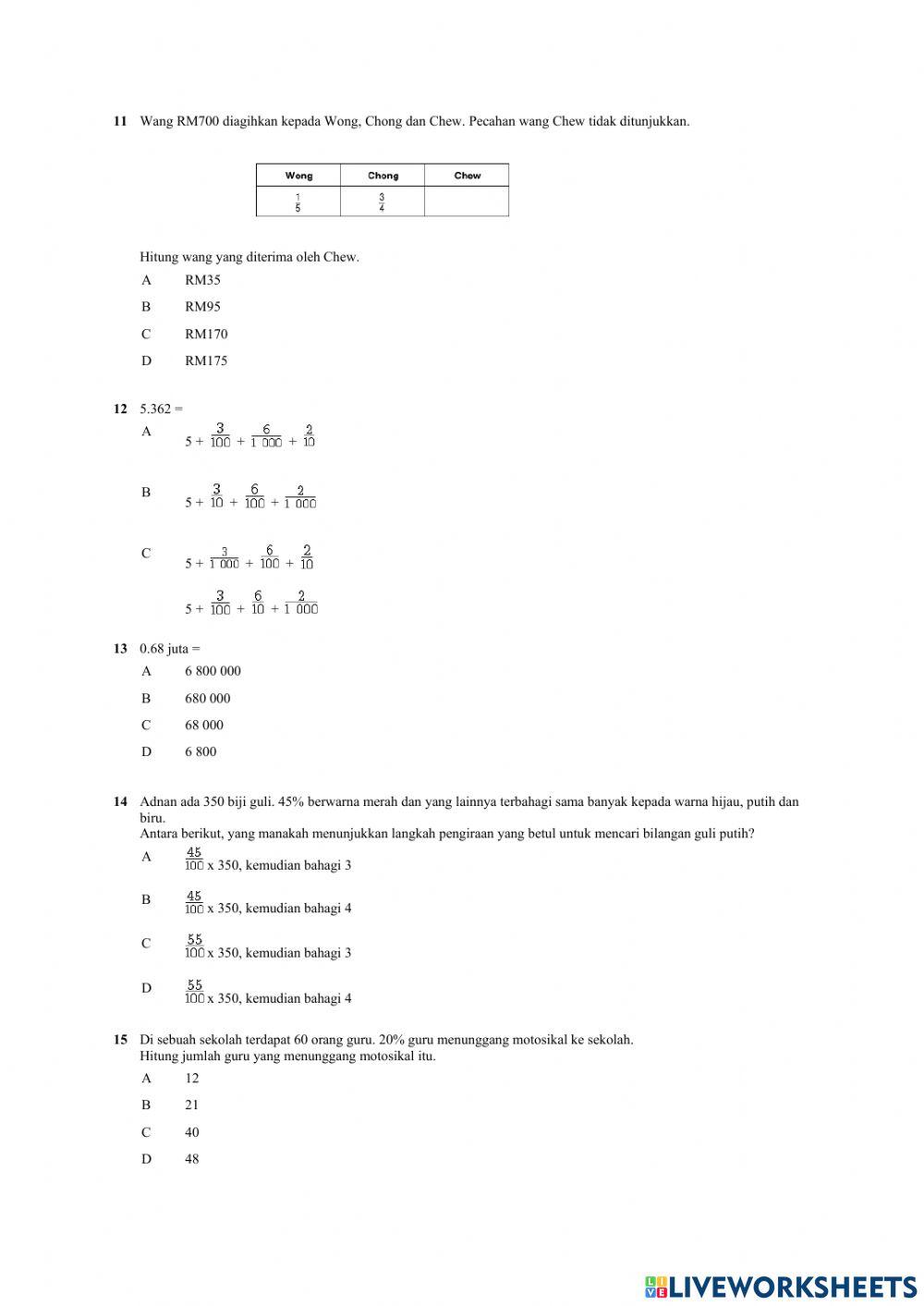 Kertas 1 worksheet for TAHUN 6 | Live Worksheets