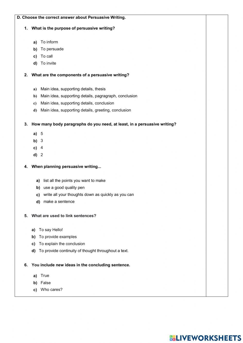 Argumentative w… | Free Interactive Worksheets | 1568681
