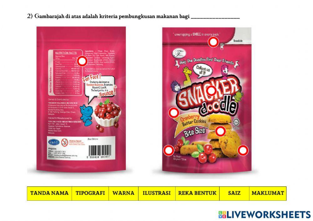 Labelkan reka bentuk pembungkusan dan makanan worksheet | Live Worksheets