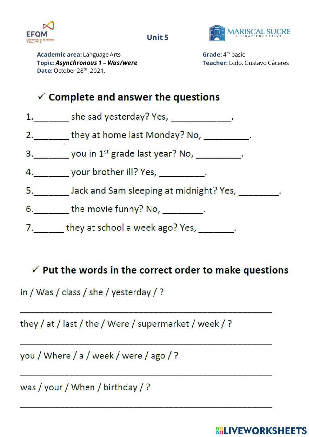 Was-were questi… | Free Interactive Worksheets | 1568861