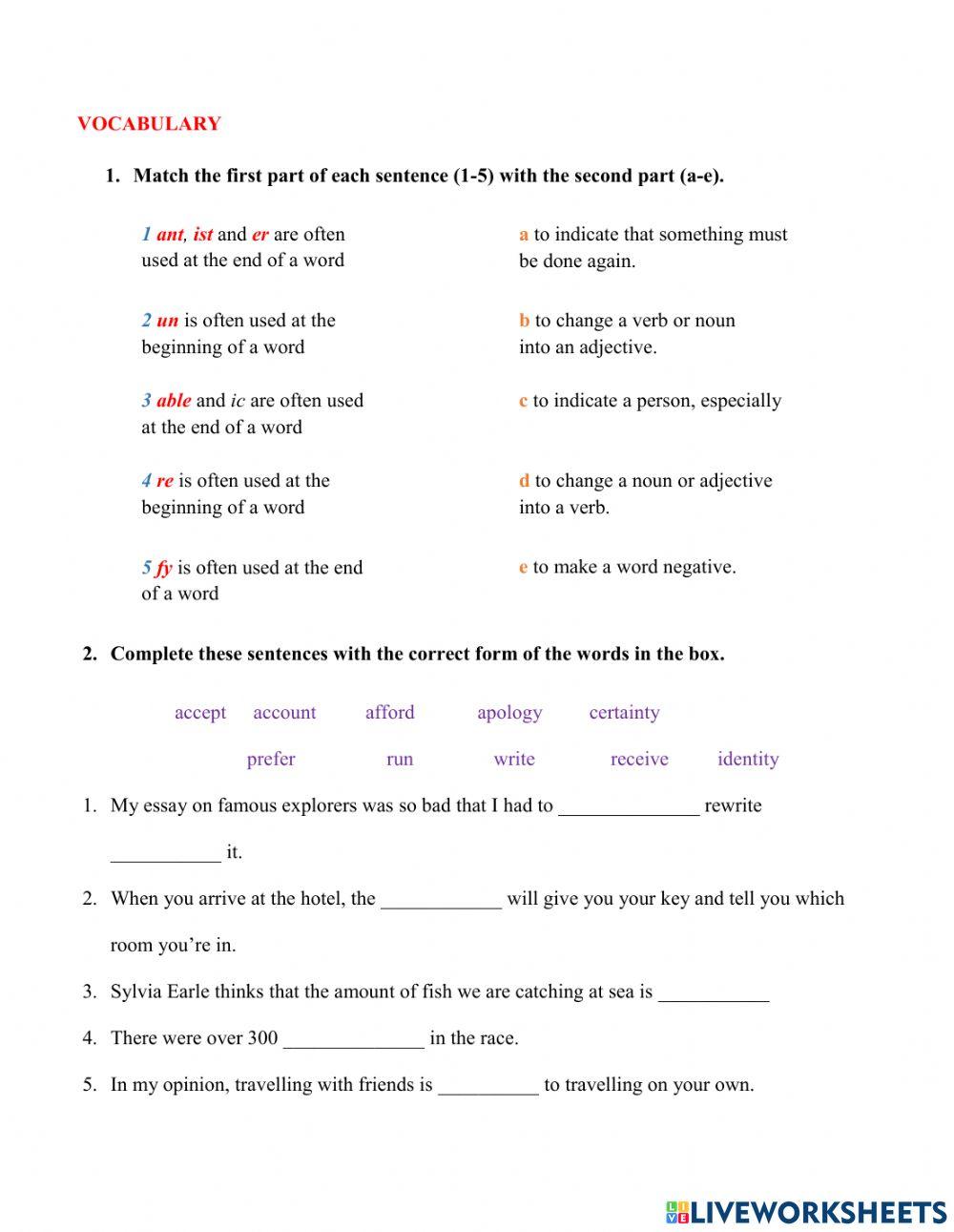 Bridge - Vocabulary unit 2 EX worksheet | Live Worksheets