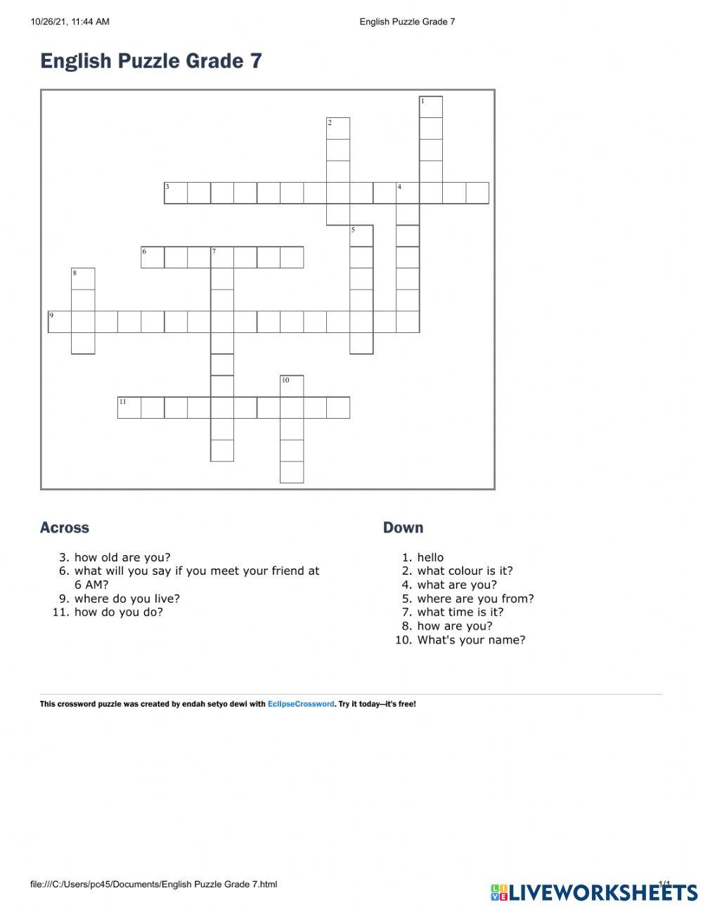 English Puzzle Grade 7 Endah worksheet | Live Worksheets