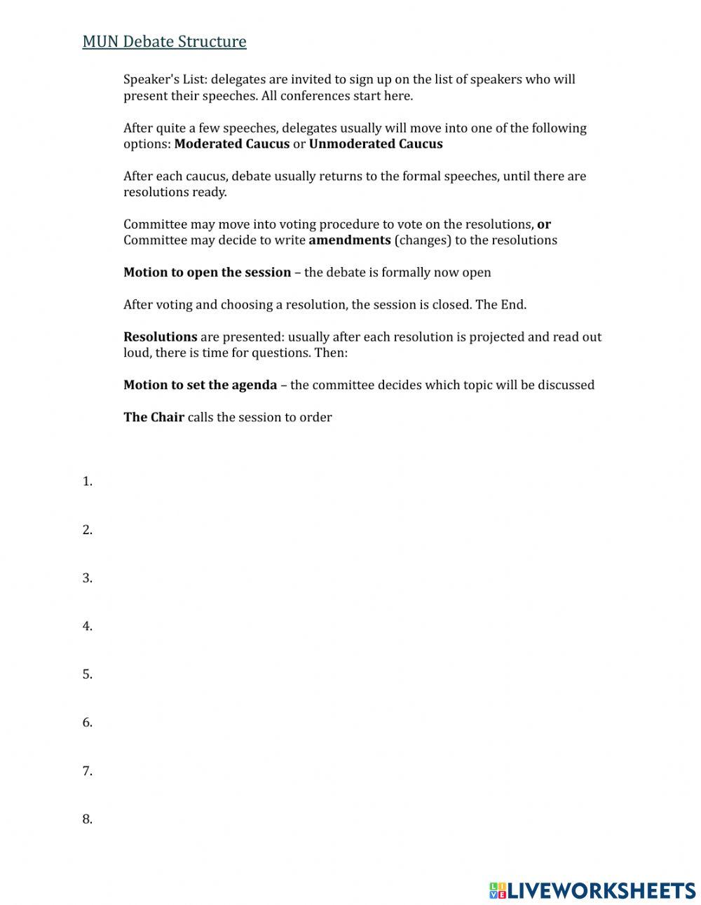MUN Debate Stru… | Free Interactive Worksheets | 1569728