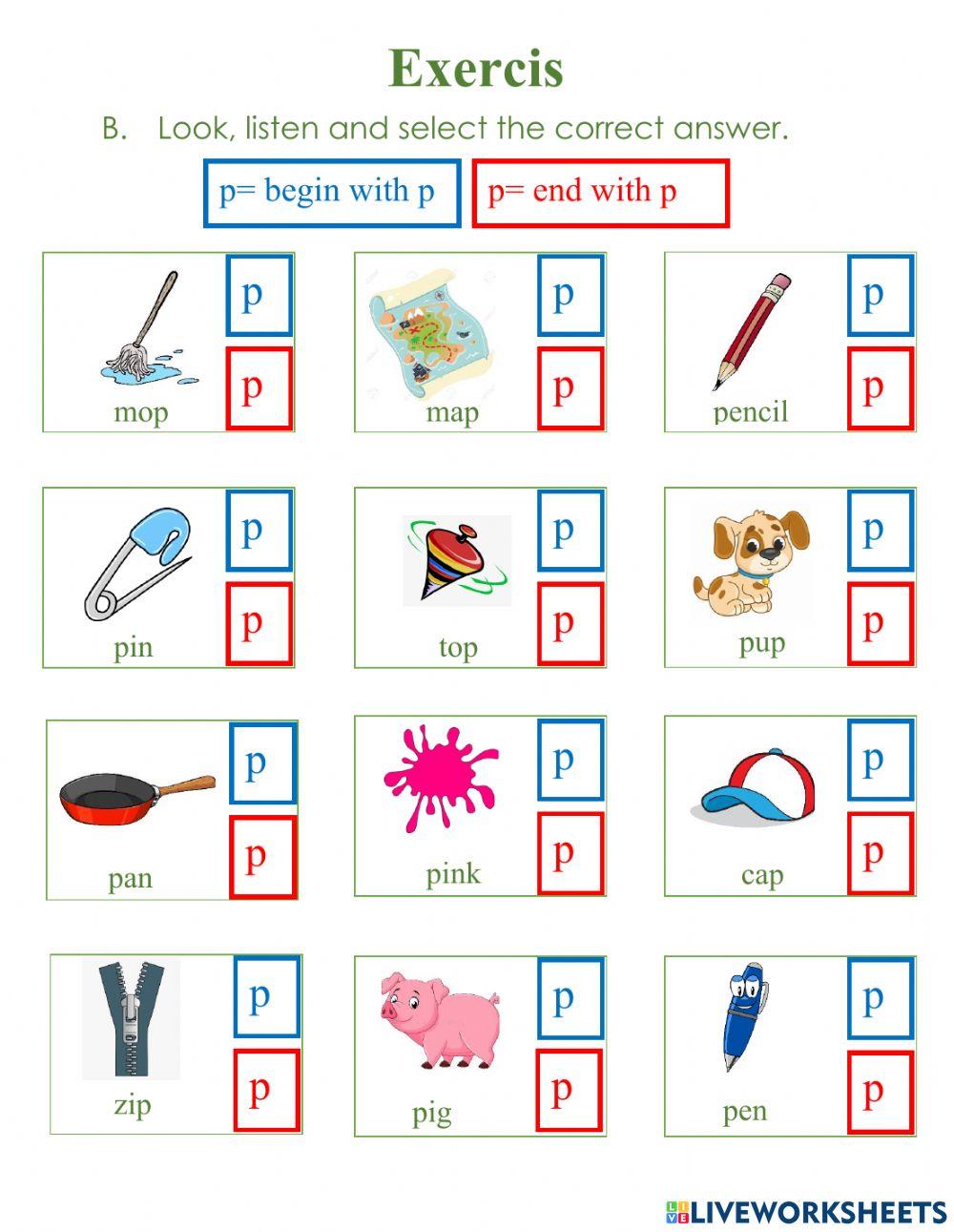 Begins and ends withe p worksheet | Live Worksheets