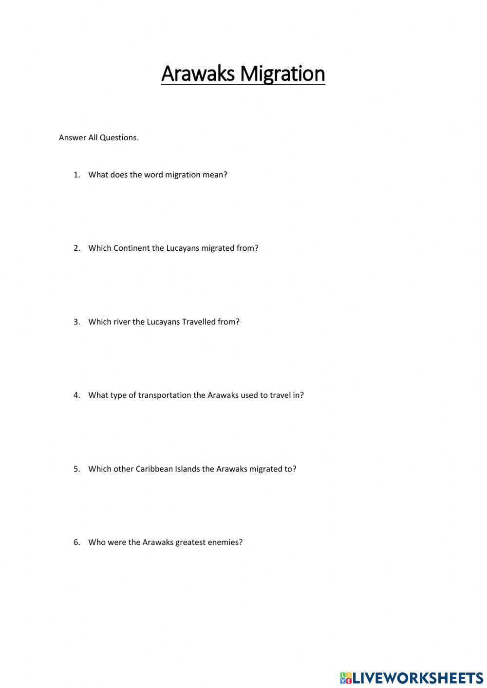 Arawaks Migration Assignment online exercise for | Live Worksheets