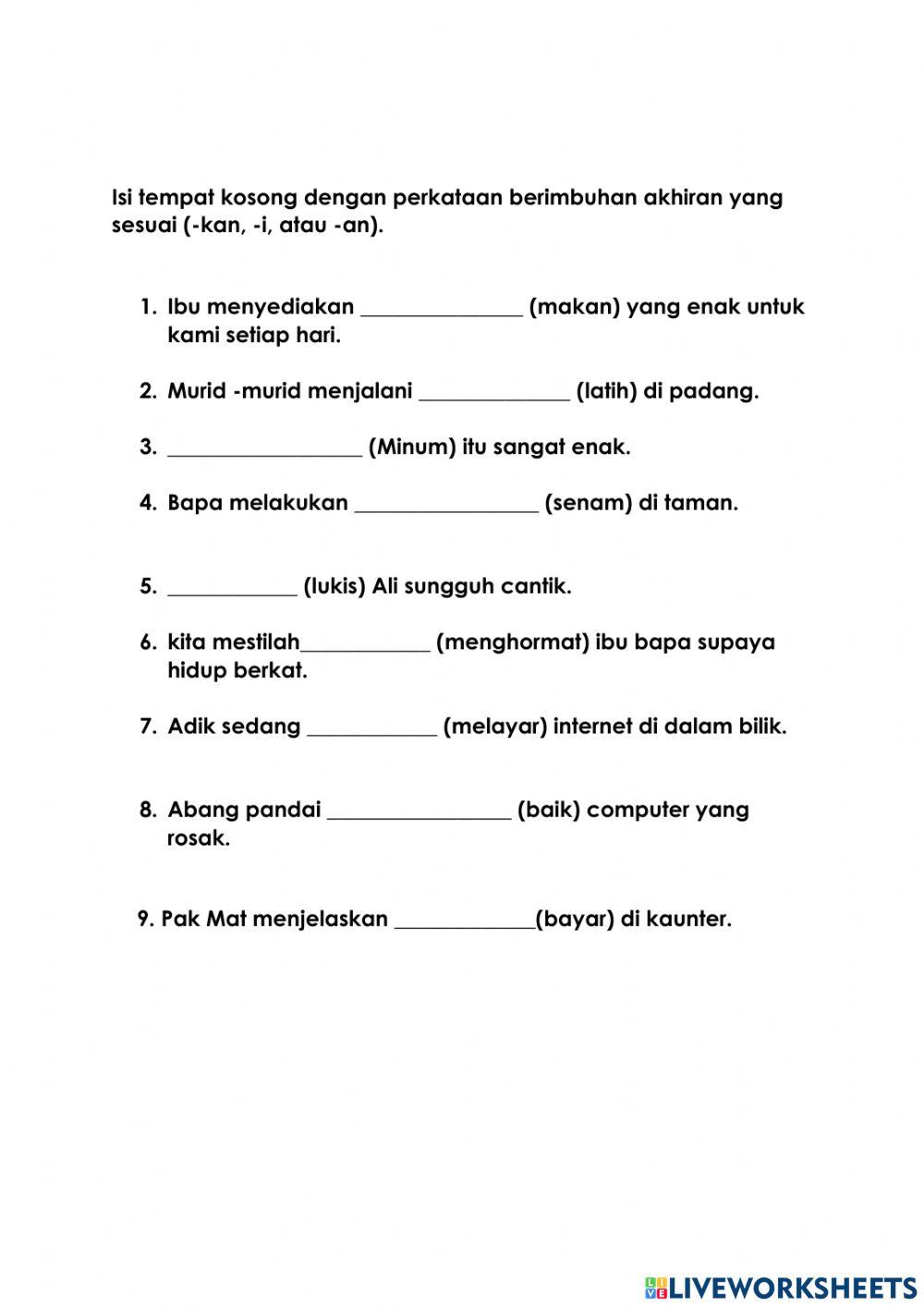 Bahasa Melayu- Perkataan Berimbuhan Akhiran worksheet | Live Worksheets