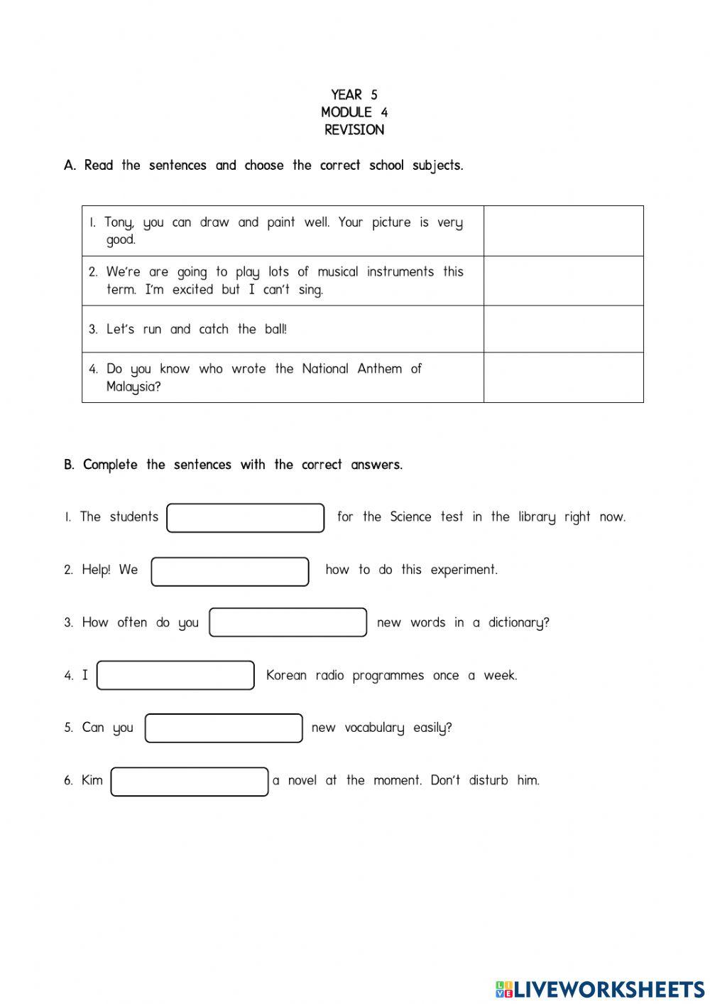 Year 5 Module 4 (Revision) worksheet | Live Worksheets