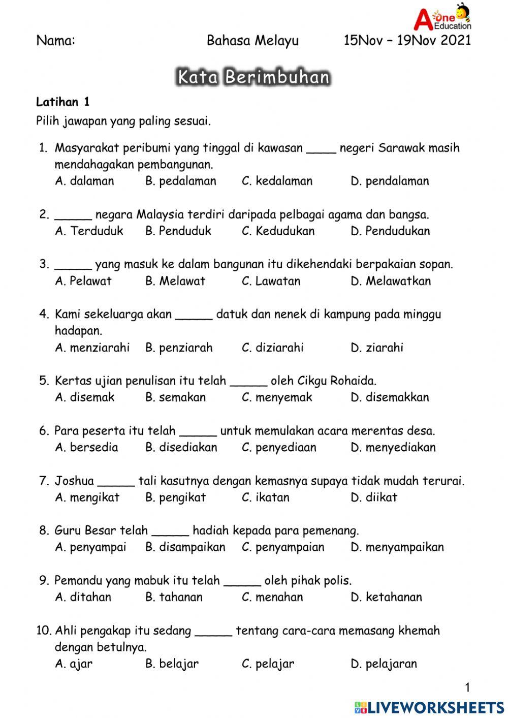 STD 5 BM 15112021 - 19112021 Kata Berimbuhan worksheet | Live Worksheets