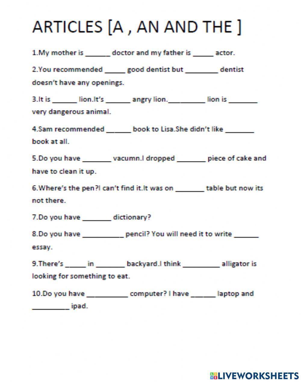 Articles online exercise for 5 | Live Worksheets