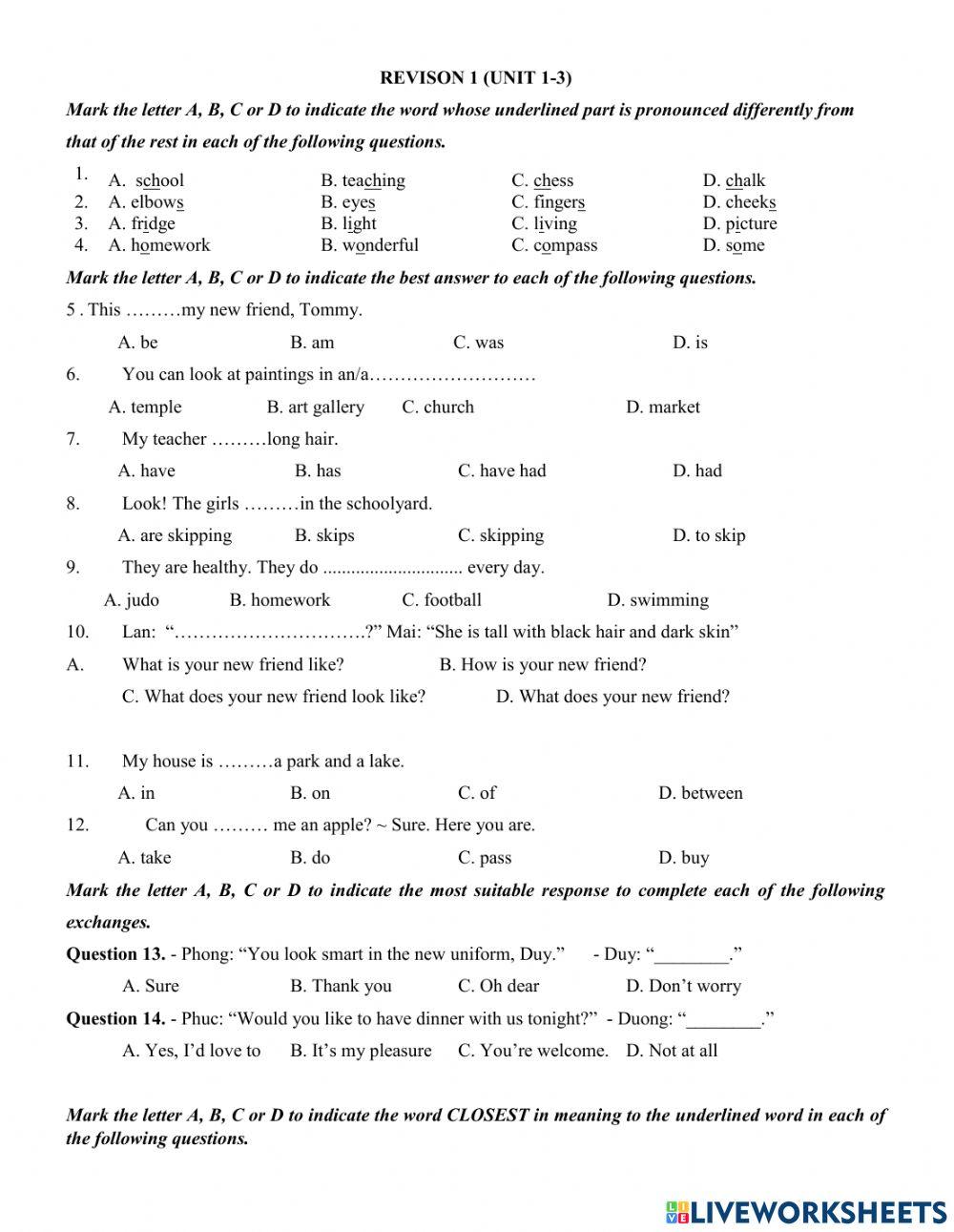 REVISON 1 (UNIT 1-3) online exercise for | Live Worksheets