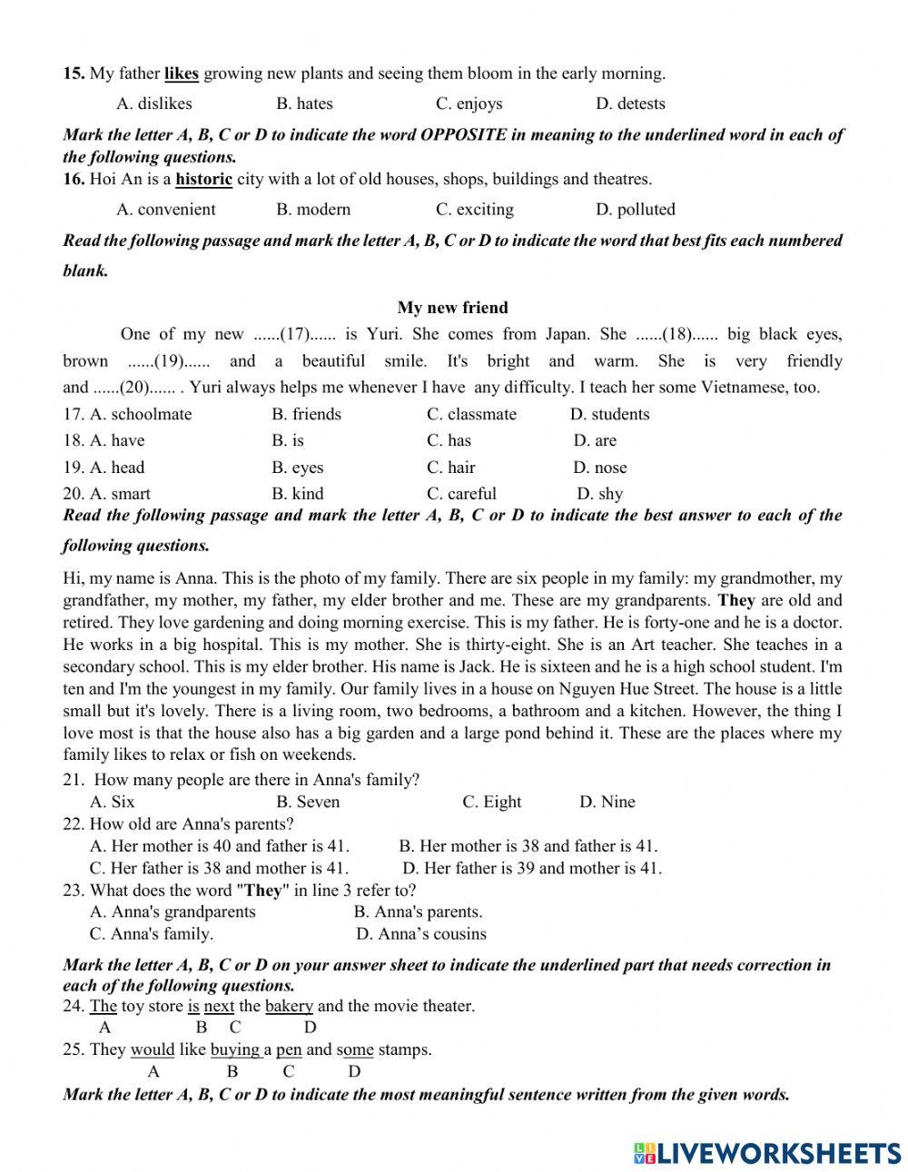 REVISON 1 (UNIT 1-3) online exercise for | Live Worksheets