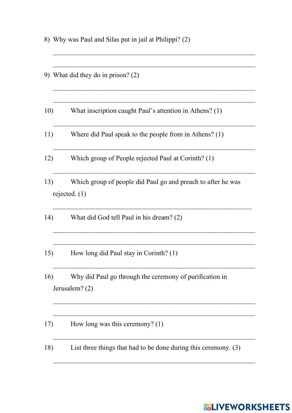 Paul Ministry Test online exercise for | Live Worksheets