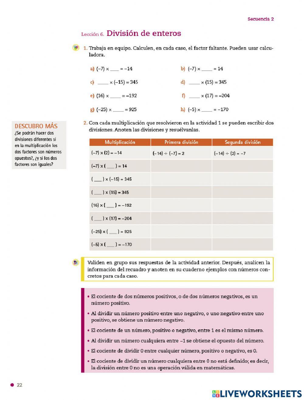 División de enteros activity | Live Worksheets