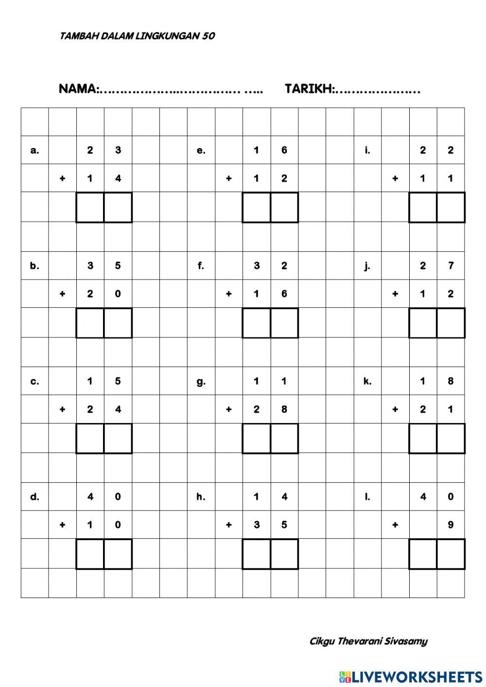 Tambah Dalam Lingkungan 50 exercise | Live Worksheets