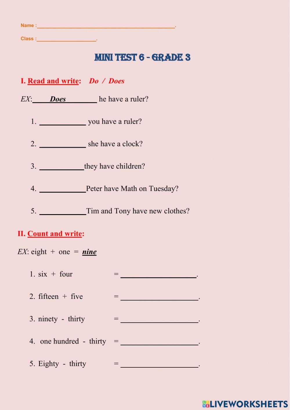 Mini test 6 grade 3 1571216 | LÊ THỊ THU SƯƠNG | Live