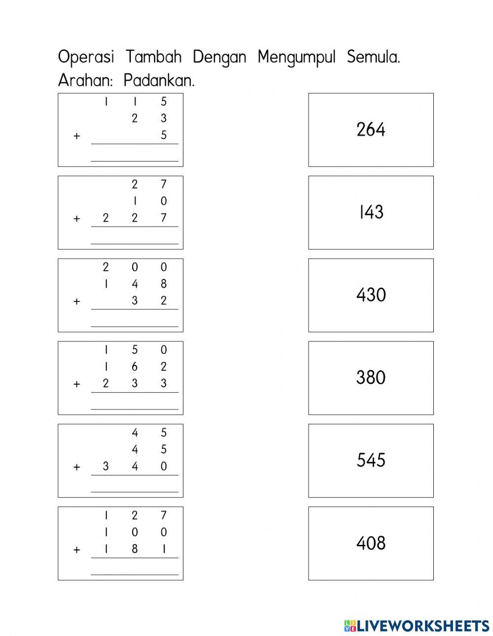 Operasi Tambah online exercise for Pemulihan Khas | Live Worksheets