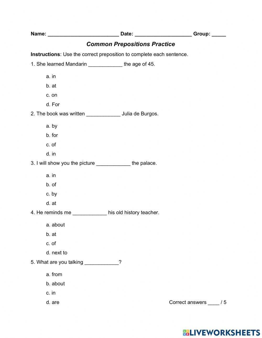 Common Prepositions 5221268 | Niehoff | Live Worksheets