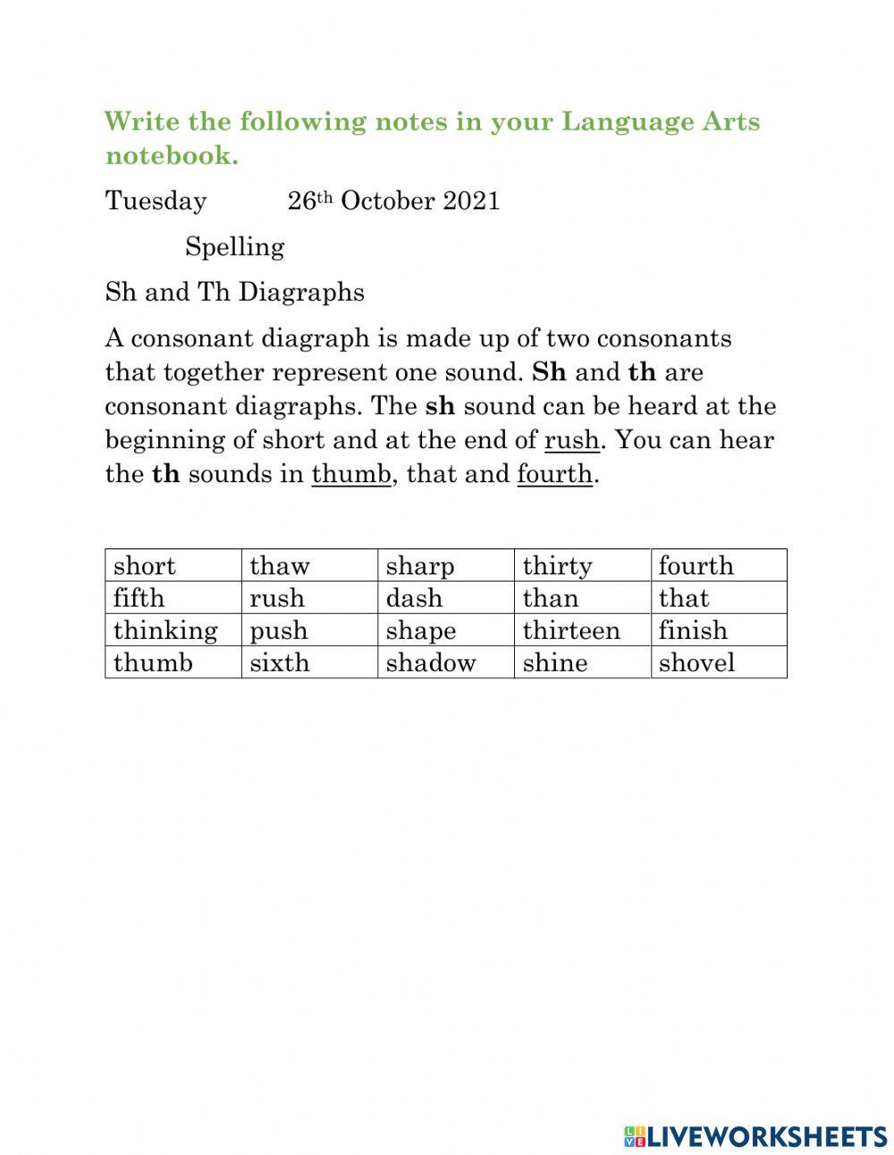 Spelling Notes Sh and Th worksheet | Live Worksheets