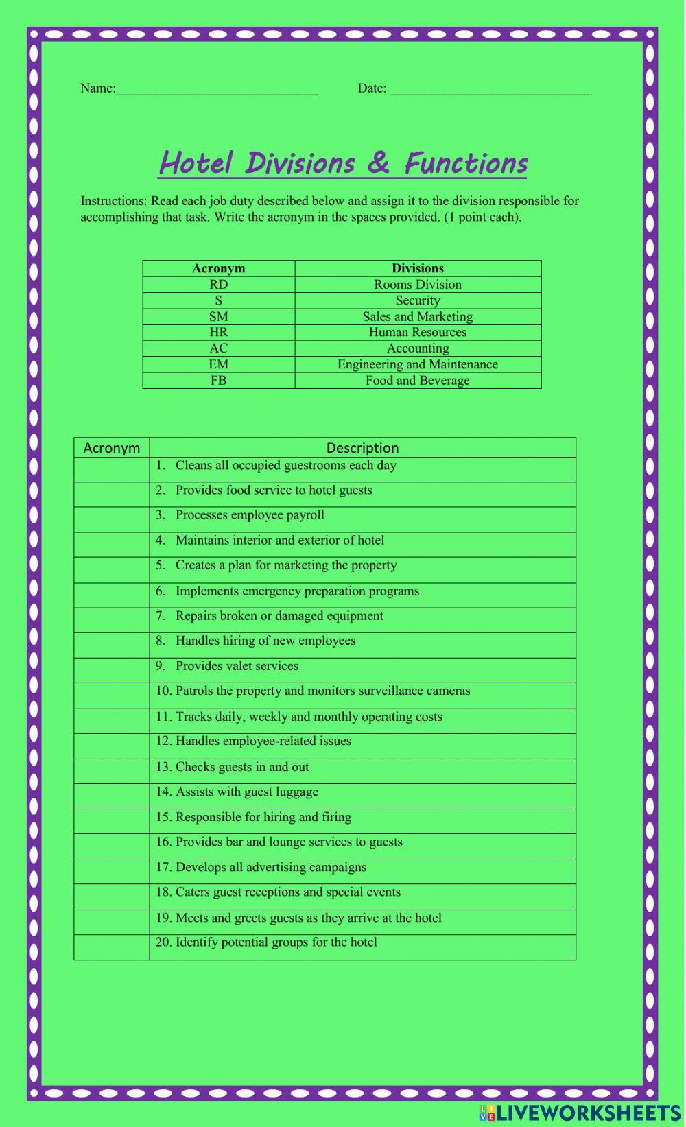 Hotel Divisions | Free Interactive Worksheets | 1571844
