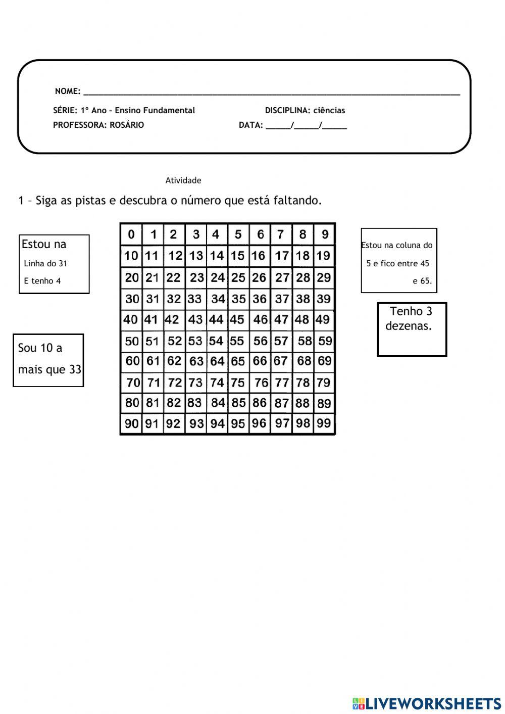 Quadro numerico worksheet for 1 ano | Live Worksheets