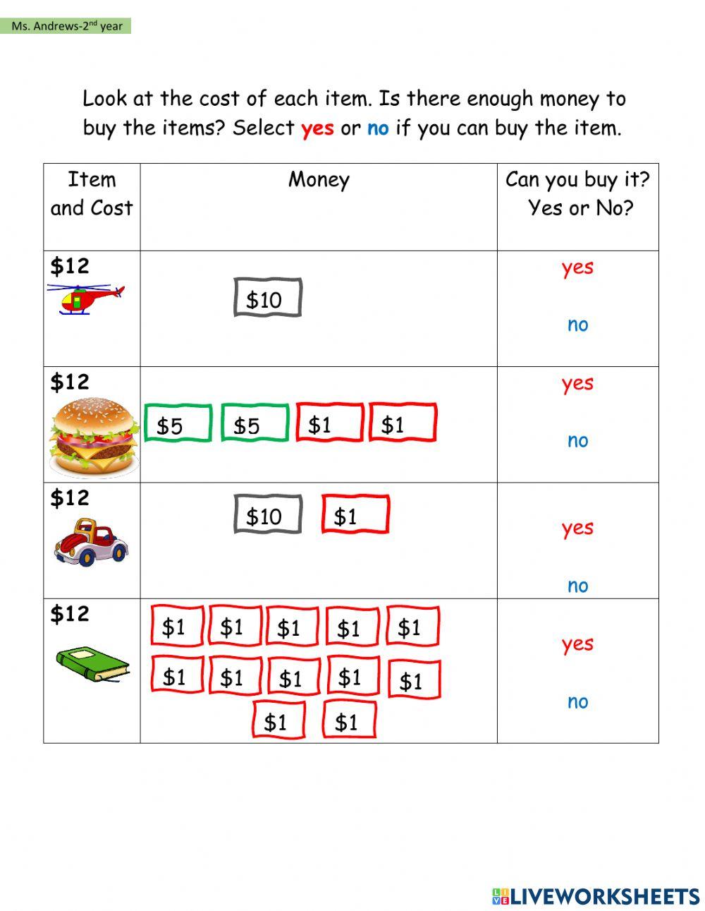 Number 12- Money worksheet | Live Worksheets