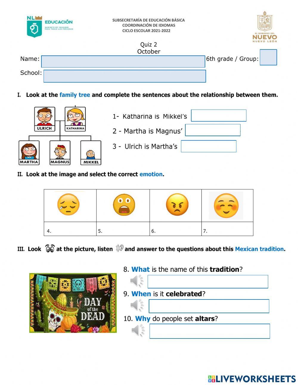 6th Grade October Quiz (Oct. 25-29) online exercise for | Live Worksheets