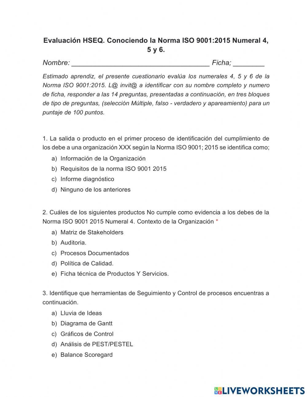 3457597 | Evaluación Numeral 4, 5 y 6 Norma ISO 9001,2015